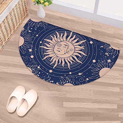 Cinbloo Retro Boho Mandala Semi-Circular 32x20 Inch Bathroom Rugs Creative Abstract Fantasy Blue Sun and Moon Tarot Door Mats Non Slip Area Rugs Soft Wool Floor Carpet for Entrance Way Home Decor