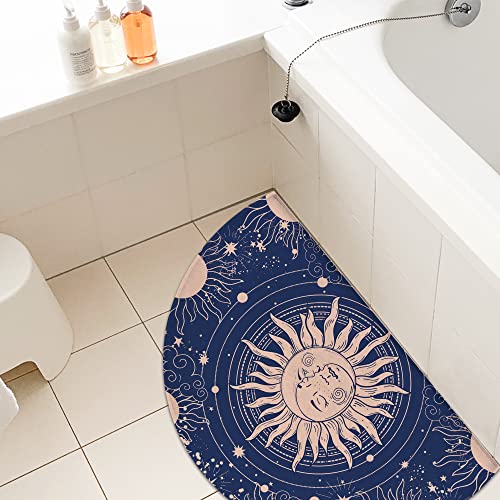 Cinbloo Retro Boho Mandala Semi-Circular 32x20 Inch Bathroom Rugs Creative Abstract Fantasy Blue Sun and Moon Tarot Door Mats Non Slip Area Rugs Soft Wool Floor Carpet for Entrance Way Home Decor