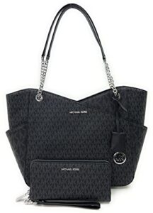 michael kors jst large chain shoulder tote jst continental wristlet (black signature)