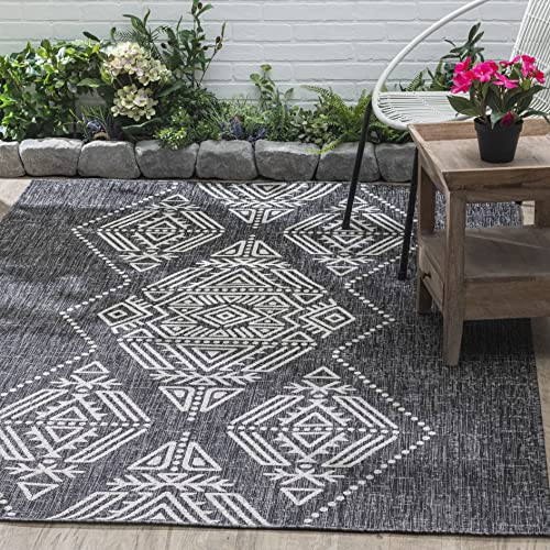 FH Home Flat Woven Outdoor Rug - Waterproof, Easy to Clean, Stain Resistant - Premium Polypropylene Yarn - Boho Moroccan - Porch, Balcony, Laundry Room - Ariana - Charcoal - 2ft 7in x 4ft 11in