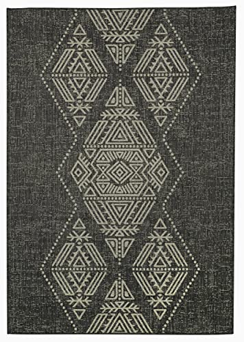 FH Home Flat Woven Outdoor Rug - Waterproof, Easy to Clean, Stain Resistant - Premium Polypropylene Yarn - Boho Moroccan - Porch, Balcony, Laundry Room - Ariana - Charcoal - 2ft 7in x 4ft 11in