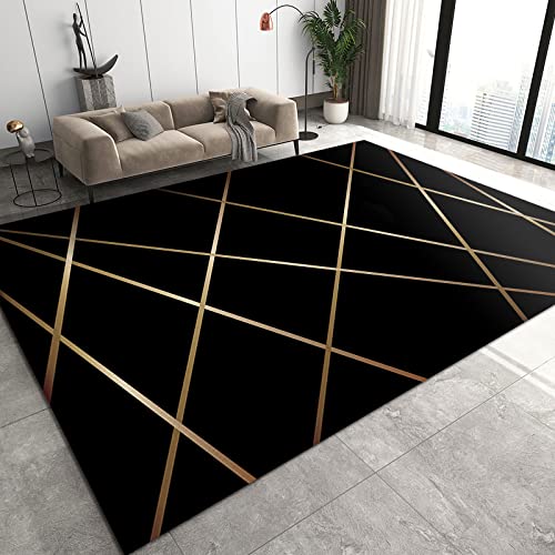 Simple Light Luxury Style Area Rug, Black Gold Line Indoor Carpet, Decorative Carpet Non-Slip Soft Machine Washable, Suitable for Apartment Bedroom Living Room-6ft×8ft