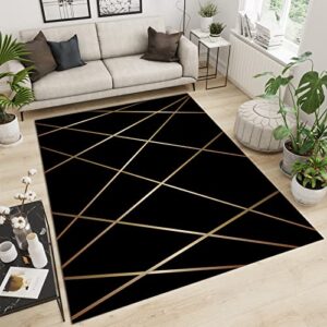 Simple Light Luxury Style Area Rug, Black Gold Line Indoor Carpet, Decorative Carpet Non-Slip Soft Machine Washable, Suitable for Apartment Bedroom Living Room-6ft×8ft