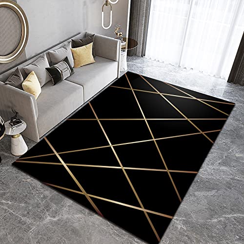 Simple Light Luxury Style Area Rug, Black Gold Line Indoor Carpet, Decorative Carpet Non-Slip Soft Machine Washable, Suitable for Apartment Bedroom Living Room-6ft×8ft