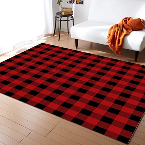 Red Black Checkered Plaid Geometric Area Rug, Black and Red Buffalo Soft Washable Carpet, Upholstery Rug with Non-Slip Backing for Kids Boys Girls Bedroom Living Room Dining Room Study 3ftx5ft