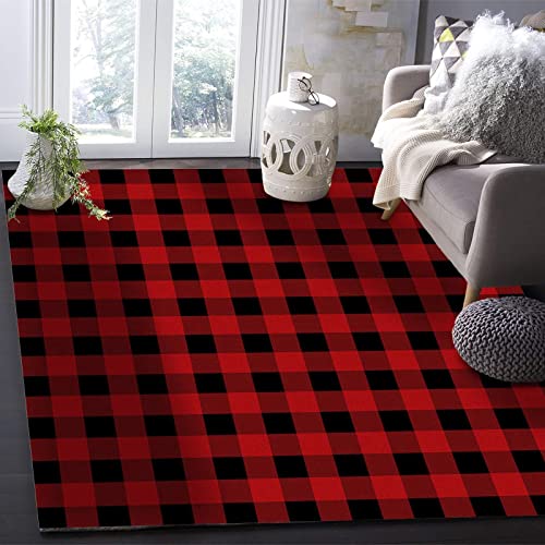 Red Black Checkered Plaid Geometric Area Rug, Black and Red Buffalo Soft Washable Carpet, Upholstery Rug with Non-Slip Backing for Kids Boys Girls Bedroom Living Room Dining Room Study 3ftx5ft