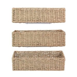 Wall Mounted Wicker Baskets, Seagrass Woven Over-The-Toilet Storage Hanging Bathroom Baskets, Towel Toilet Paper Basket with Wall Bracket (Natural Seagrass, Pack of 3)