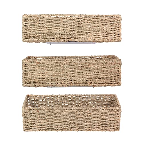 Wall Mounted Wicker Baskets, Seagrass Woven Over-The-Toilet Storage Hanging Bathroom Baskets, Towel Toilet Paper Basket with Wall Bracket (Natural Seagrass, Pack of 3)