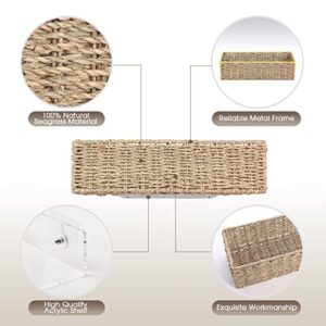 Wall Mounted Wicker Baskets, Seagrass Woven Over-The-Toilet Storage Hanging Bathroom Baskets, Towel Toilet Paper Basket with Wall Bracket (Natural Seagrass, Pack of 3)