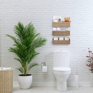 Wall Mounted Wicker Baskets, Seagrass Woven Over-The-Toilet Storage Hanging Bathroom Baskets, Towel Toilet Paper Basket with Wall Bracket (Natural Seagrass, Pack of 3)