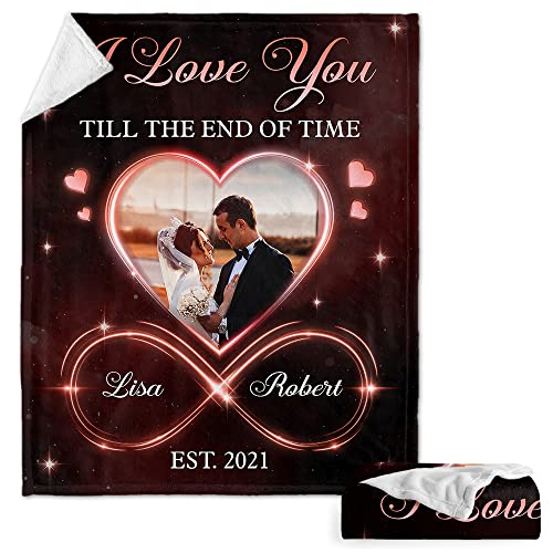 SANDJEST Personalized Couple Photo Blanket Love You Till The End of Time Fleece Throw Blanket Customized Gift for Couple Lovers Newlyweds Anniversary Girlfriend Boyfriend