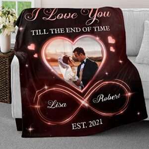 SANDJEST Personalized Couple Photo Blanket Love You Till The End of Time Fleece Throw Blanket Customized Gift for Couple Lovers Newlyweds Anniversary Girlfriend Boyfriend