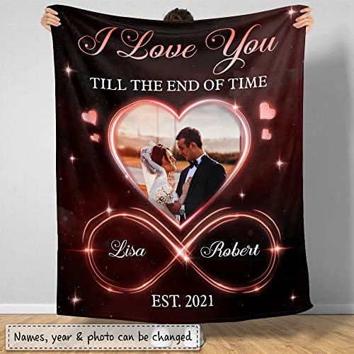 SANDJEST Personalized Couple Photo Blanket Love You Till The End of Time Fleece Throw Blanket Customized Gift for Couple Lovers Newlyweds Anniversary Girlfriend Boyfriend