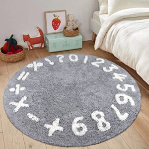 round rug 4ft math circle rug soft kids rug washable area rug non-slip handwoven tufted cotton grey white rug floor play mat baby carpet nursery rug for kids room bedroom playroom bathroom decor gift