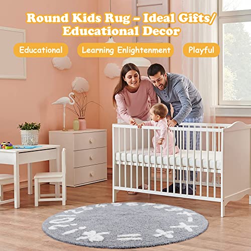 Round Rug 4Ft Math Circle Rug Soft Kids Rug Washable Area Rug Non-Slip Handwoven Tufted Cotton Grey White Rug Floor Play Mat Baby Carpet Nursery Rug for Kids Room Bedroom Playroom Bathroom Decor Gift