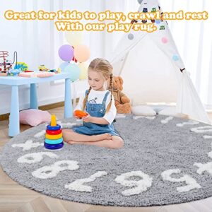 Round Rug 4Ft Math Circle Rug Soft Kids Rug Washable Area Rug Non-Slip Handwoven Tufted Cotton Grey White Rug Floor Play Mat Baby Carpet Nursery Rug for Kids Room Bedroom Playroom Bathroom Decor Gift