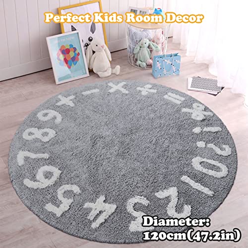 Round Rug 4Ft Math Circle Rug Soft Kids Rug Washable Area Rug Non-Slip Handwoven Tufted Cotton Grey White Rug Floor Play Mat Baby Carpet Nursery Rug for Kids Room Bedroom Playroom Bathroom Decor Gift