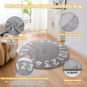 Round Rug 4Ft Math Circle Rug Soft Kids Rug Washable Area Rug Non-Slip Handwoven Tufted Cotton Grey White Rug Floor Play Mat Baby Carpet Nursery Rug for Kids Room Bedroom Playroom Bathroom Decor Gift