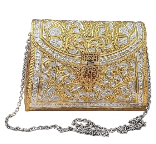 Trend Overseas Golden Metal bridal bag Brass Metal Clutch Sling Bag Ethnic Antique clutch, Golden