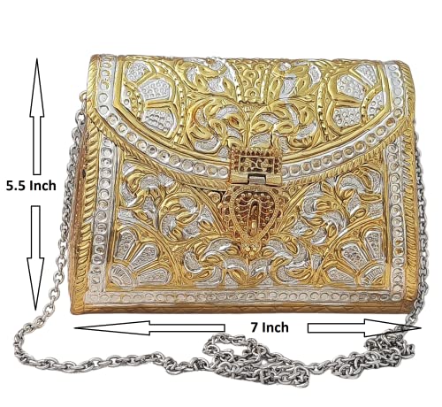 Trend Overseas Golden Metal bridal bag Brass Metal Clutch Sling Bag Ethnic Antique clutch, Golden