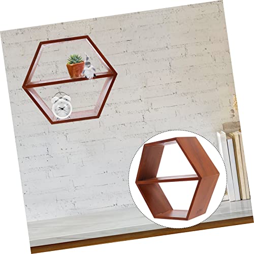 DIKACA 1pc Bookshelf Brown Farmhouse Living Hexagon Bathroom Decorative Wall-Mounted Rustic Wood Bedroom Bedside Hanging Home Useful Wall Shelves Honeycomb Wooden Hexagonal Rack Holder