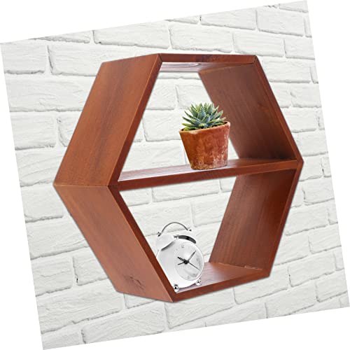 DIKACA 1pc Bookshelf Brown Farmhouse Living Hexagon Bathroom Decorative Wall-Mounted Rustic Wood Bedroom Bedside Hanging Home Useful Wall Shelves Honeycomb Wooden Hexagonal Rack Holder