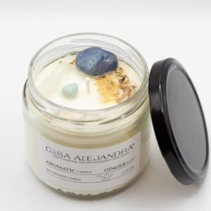 Ginger Aromatherapy Candle with Blue Quartz, White and Amazonite + Healing Crystal+ Soy Wax + Scented Oil + Botanical Decoration + Quartz 12 oz. La CASA de ALEJANDRA