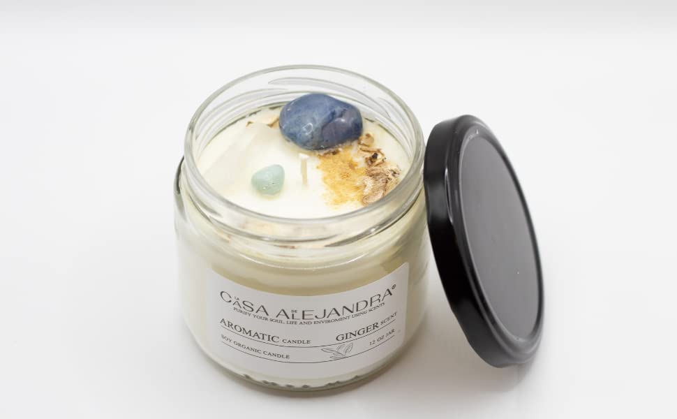 Ginger Aromatherapy Candle with Blue Quartz, White and Amazonite + Healing Crystal+ Soy Wax + Scented Oil + Botanical Decoration + Quartz 12 oz. La CASA de ALEJANDRA