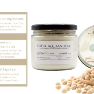 Ginger Aromatherapy Candle with Blue Quartz, White and Amazonite + Healing Crystal+ Soy Wax + Scented Oil + Botanical Decoration + Quartz 12 oz. La CASA de ALEJANDRA