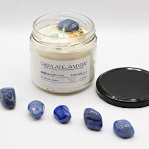 Ginger Aromatherapy Candle with Blue Quartz, White and Amazonite + Healing Crystal+ Soy Wax + Scented Oil + Botanical Decoration + Quartz 12 oz. La CASA de ALEJANDRA