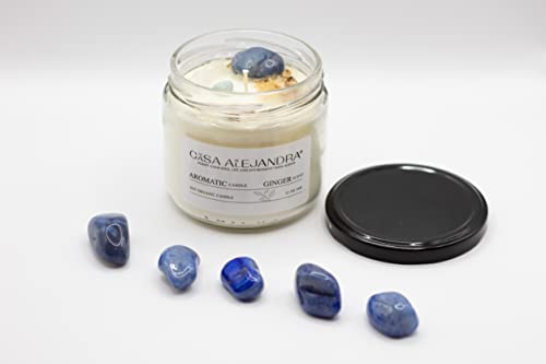 Ginger Aromatherapy Candle with Blue Quartz, White and Amazonite + Healing Crystal+ Soy Wax + Scented Oil + Botanical Decoration + Quartz 12 oz. La CASA de ALEJANDRA