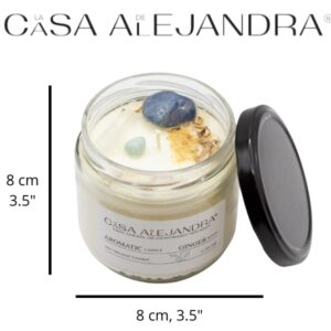 Ginger Aromatherapy Candle with Blue Quartz, White and Amazonite + Healing Crystal+ Soy Wax + Scented Oil + Botanical Decoration + Quartz 12 oz. La CASA de ALEJANDRA