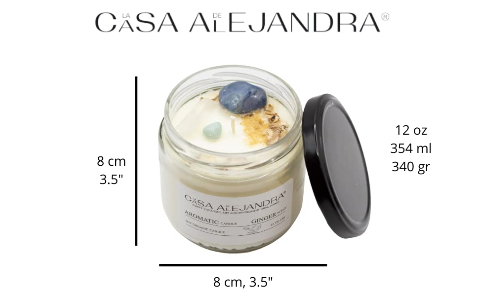 Ginger Aromatherapy Candle with Blue Quartz, White and Amazonite + Healing Crystal+ Soy Wax + Scented Oil + Botanical Decoration + Quartz 12 oz. La CASA de ALEJANDRA