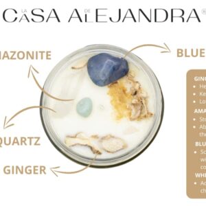 Ginger Aromatherapy Candle with Blue Quartz, White and Amazonite + Healing Crystal+ Soy Wax + Scented Oil + Botanical Decoration + Quartz 12 oz. La CASA de ALEJANDRA