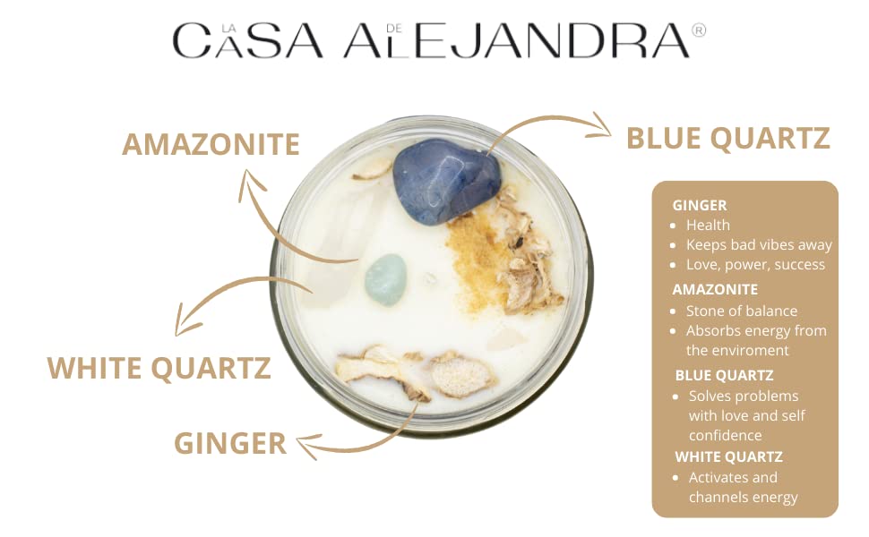 Ginger Aromatherapy Candle with Blue Quartz, White and Amazonite + Healing Crystal+ Soy Wax + Scented Oil + Botanical Decoration + Quartz 12 oz. La CASA de ALEJANDRA