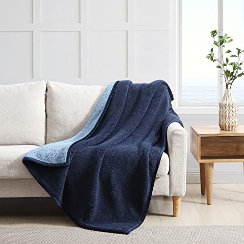 Nautica- Throw Blanket, Ultra Soft Plush Sherpa Home Décor, Reversible All Season Bedding (Solid Navy/Light Blue, 50 x 60)