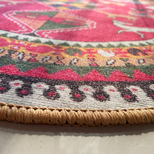 Erwinmu Red Boho Persian Round  Area Rug-4 FT Diameter Non-Slip Distressed Round Rug Entryway Rug Vintage Accent Throw Oriental Low Pile Rug for Bedroom Bathroom Living Room Rug