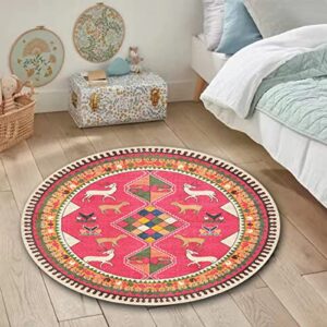 Erwinmu Red Boho Persian Round  Area Rug-4 FT Diameter Non-Slip Distressed Round Rug Entryway Rug Vintage Accent Throw Oriental Low Pile Rug for Bedroom Bathroom Living Room Rug