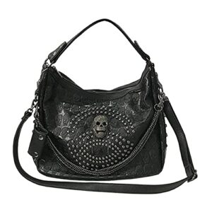 downupdown skull handbags women tote bags skull print leather shoulder bag studded rivet satchel purse gothic crossbody bag large hobo bag-black-g