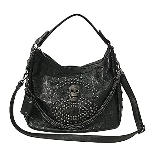 Downupdown Skull Handbags Women Tote Bags Skull Print Leather Shoulder Bag Studded Rivet Satchel Purse Gothic Crossbody Bag Large Hobo Bag-Black-G