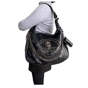 Downupdown Skull Handbags Women Tote Bags Skull Print Leather Shoulder Bag Studded Rivet Satchel Purse Gothic Crossbody Bag Large Hobo Bag-Black-G