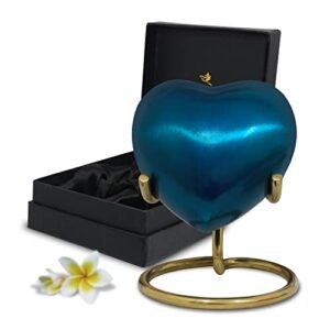 blue heart keepsake urn – mini cremation urn with stand & box – small blue urn for ashes – token urn for human ashes or pet – honor your loved one with a blue heart urn – perfect mini urn keepsake