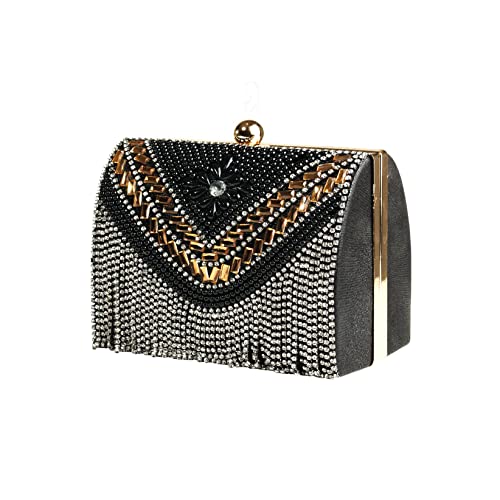 Olixi Rhinestone Evening Clutch Handbag for Women, Sparkly Crystal Luxury Glitter Bag, Bling Sparkling Tassel Fashion Purse with Chain for Wedding Party Prom Cocktail and Formal