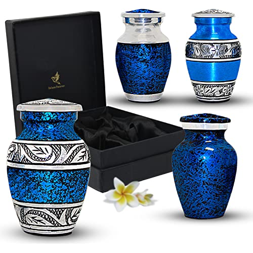 Blue Keepsake Urns for Human Ashes - Small Urns Set of 4 with Box & Bags - Blue Urns for Adults Male & Female - Handcrafted Mini Cremation Urns for Ashes - Honour Your Loved One with Memorial Urn Set