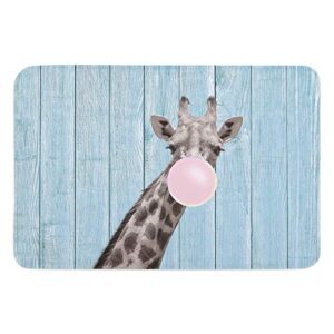 bathroom rugs 18×30 inch area rug for bedroom decor, absorbent low profile outdoor rug home decor kitchen rugs carpet, giraffe blowing pink bubbles on blue wood door mat for living room decor