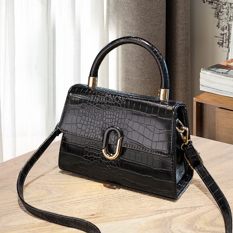 Dochais Tote Bag for Women, Crocodile Crossbody Handbags Small Tote Bag with Adjustable Strap Trendy Top Handle Shoulder Bag- Black