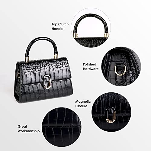 Dochais Tote Bag for Women, Crocodile Crossbody Handbags Small Tote Bag with Adjustable Strap Trendy Top Handle Shoulder Bag- Black