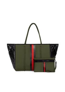 haute shore – greyson avenue neoprene tote bag w/zipper wristlet inside, army w/black & red stripe