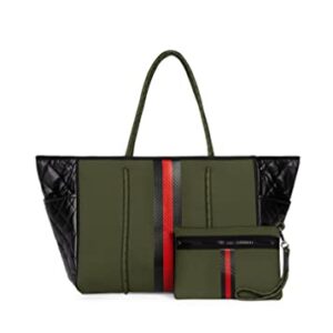 Haute Shore - Greyson Avenue Neoprene Tote Bag w/Zipper Wristlet Inside, Army W/Black & Red Stripe