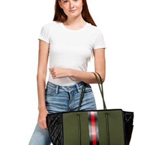 Haute Shore - Greyson Avenue Neoprene Tote Bag w/Zipper Wristlet Inside, Army W/Black & Red Stripe